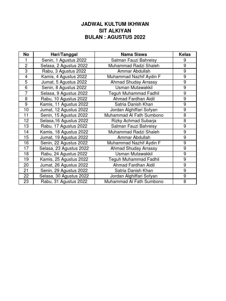 Jadwal Kultum Ikhwan Bulan Agustus | PDF