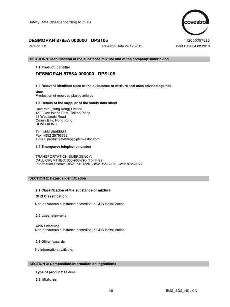 MSDS - Desmopan 8785a 000000 DPS105 | PDF