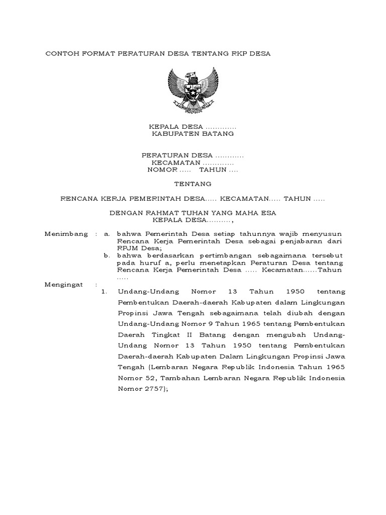 Contoh Format Peraturan Desa Tentang RKP Desa | PDF