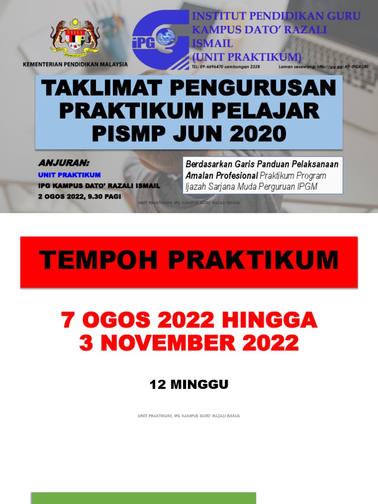 Taklimat Pengurusan Praktikum Pelajar PISMP IPGKDRI 2022 | PDF
