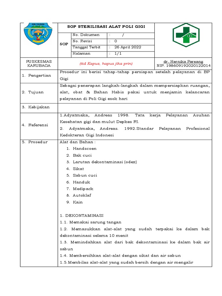 SOP Sterilisasi Alat Poli Gigi | PDF