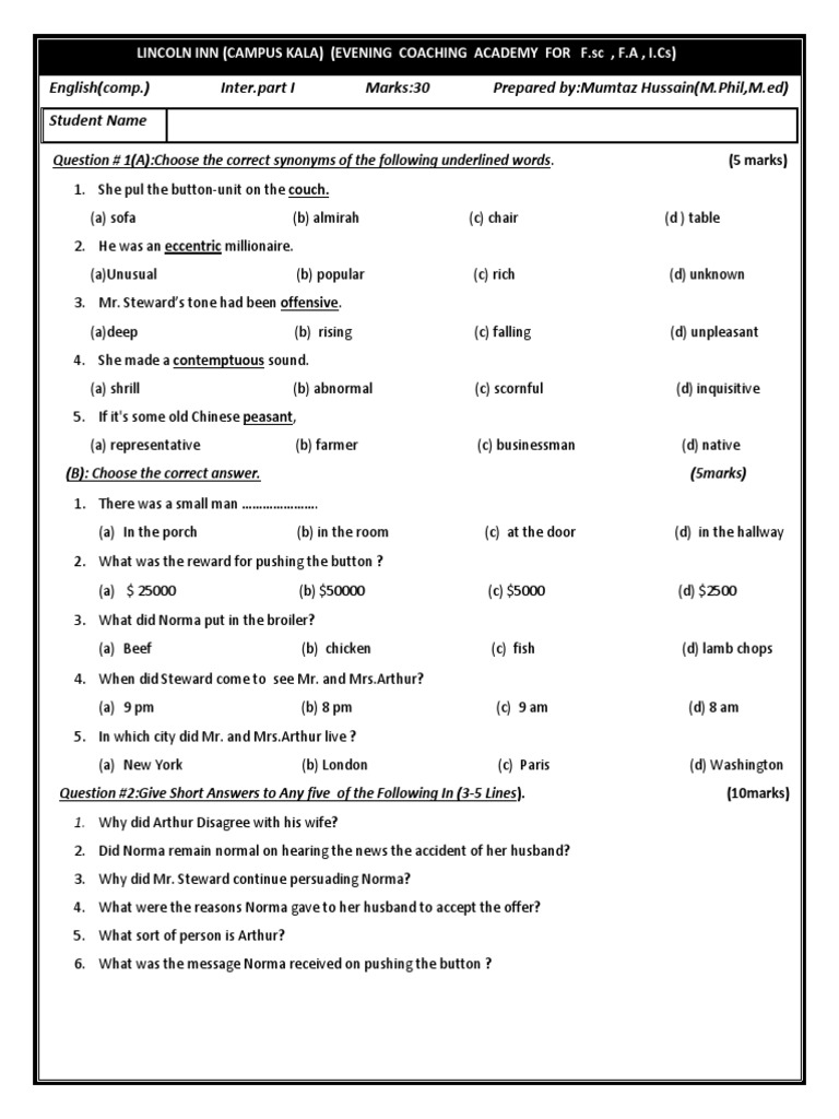English Comprehension Practice Questions and Short Answer Exercises on ...