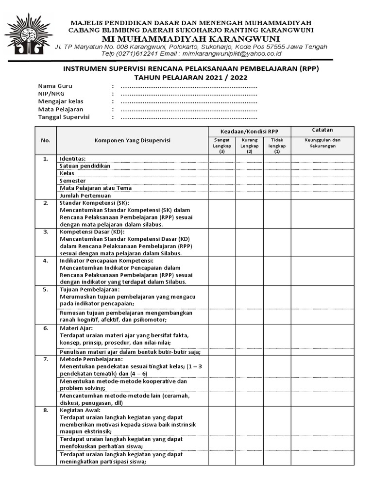 Instrumen Supervisi Perencanaan Pembelajaran | PDF