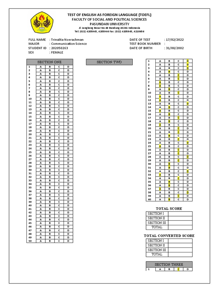 Answer Sheet TOEFL 1 - Trinalita | PDF | Test Of English As A Foreign ...