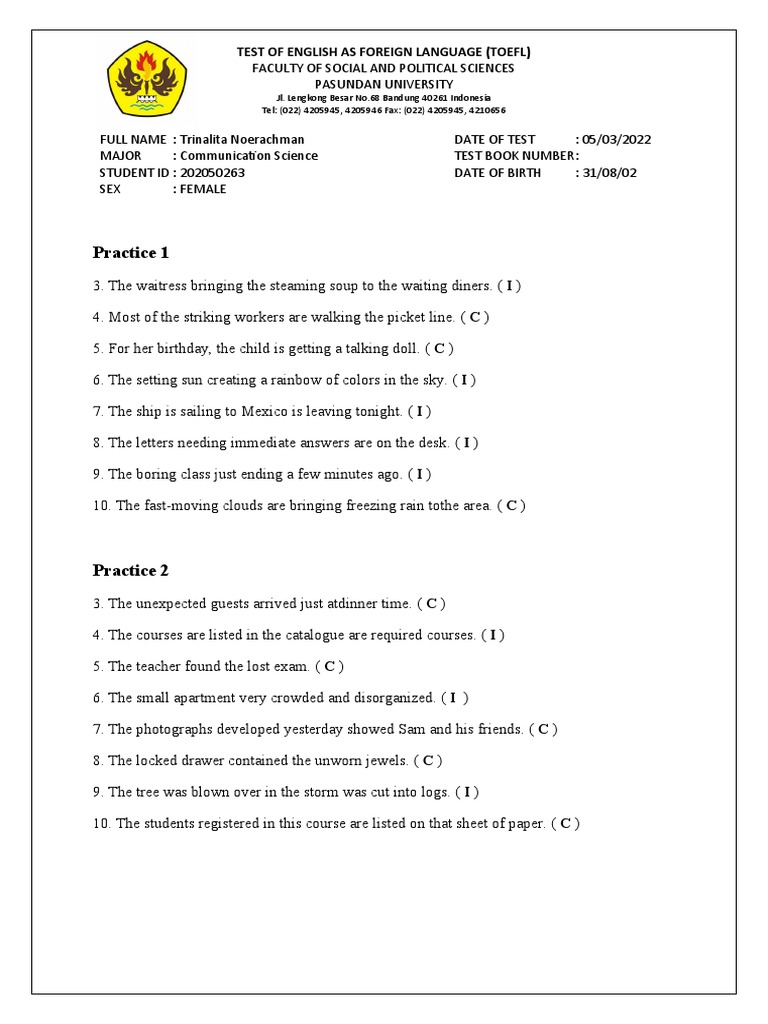 TOEFL Practice Test Results | PDF