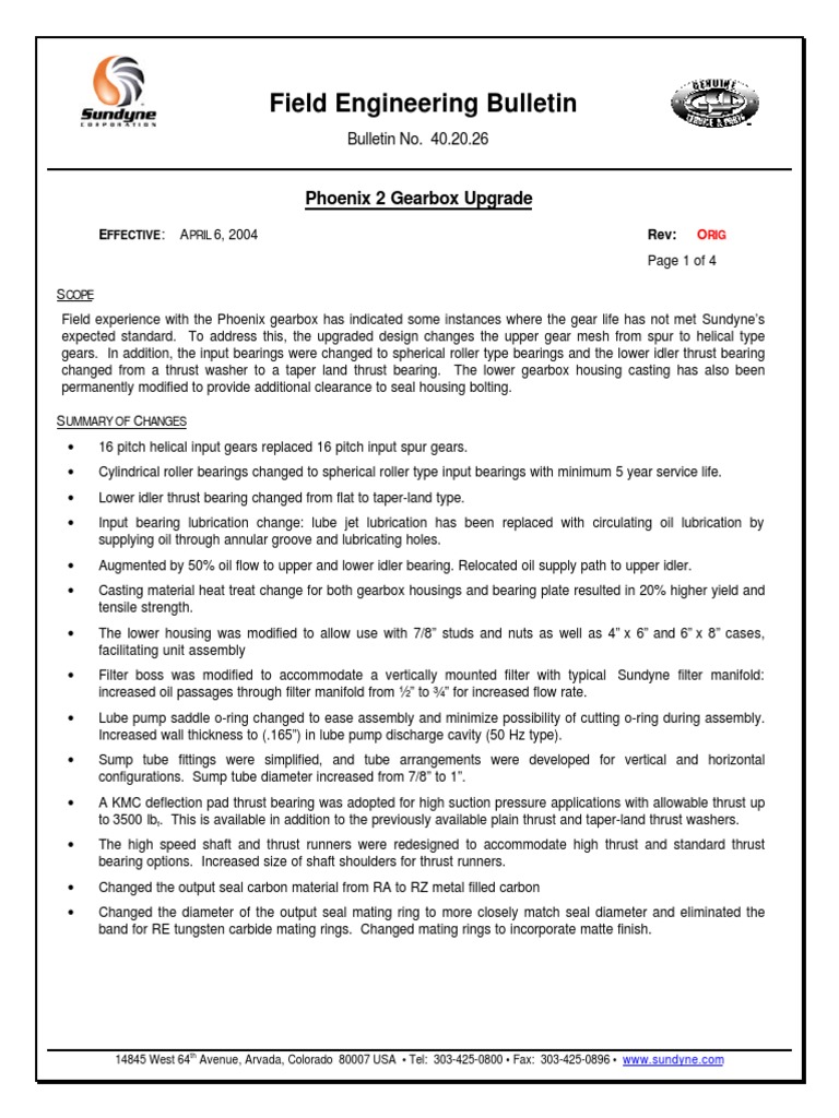 Gearbox Phoenix 2 Upgrade Sundyne 40-20-26 Field Engineering Bulletin ...