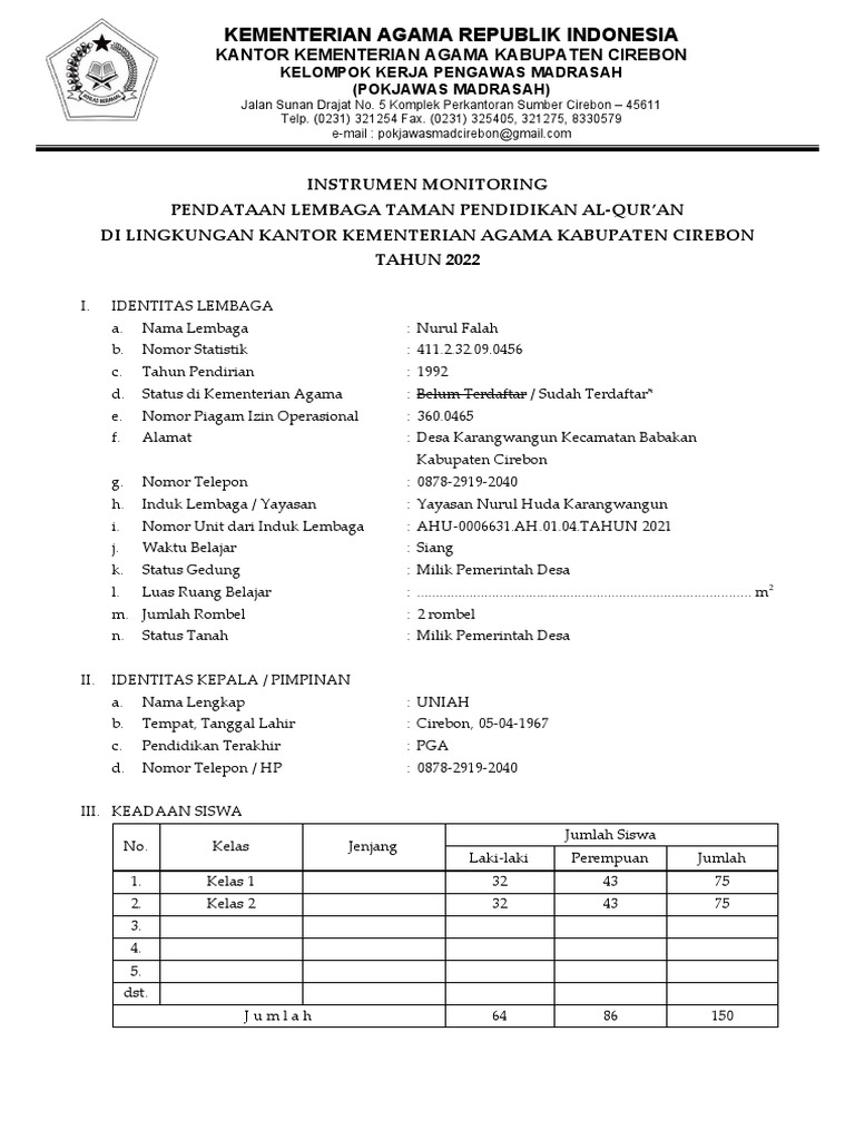 Data TPQ Nurul Falah Cirebon 2022 | PDF