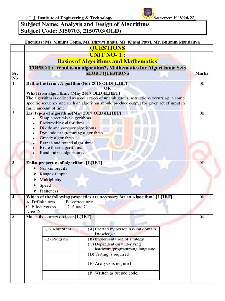 Ada Qb Odd 2021 Pdf Time Complexity Algorithms And Data Structures 3047