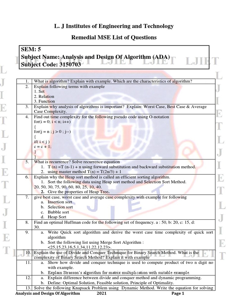 SEM5 ADA RMSE Questions | PDF | Teaching Methods & Materials