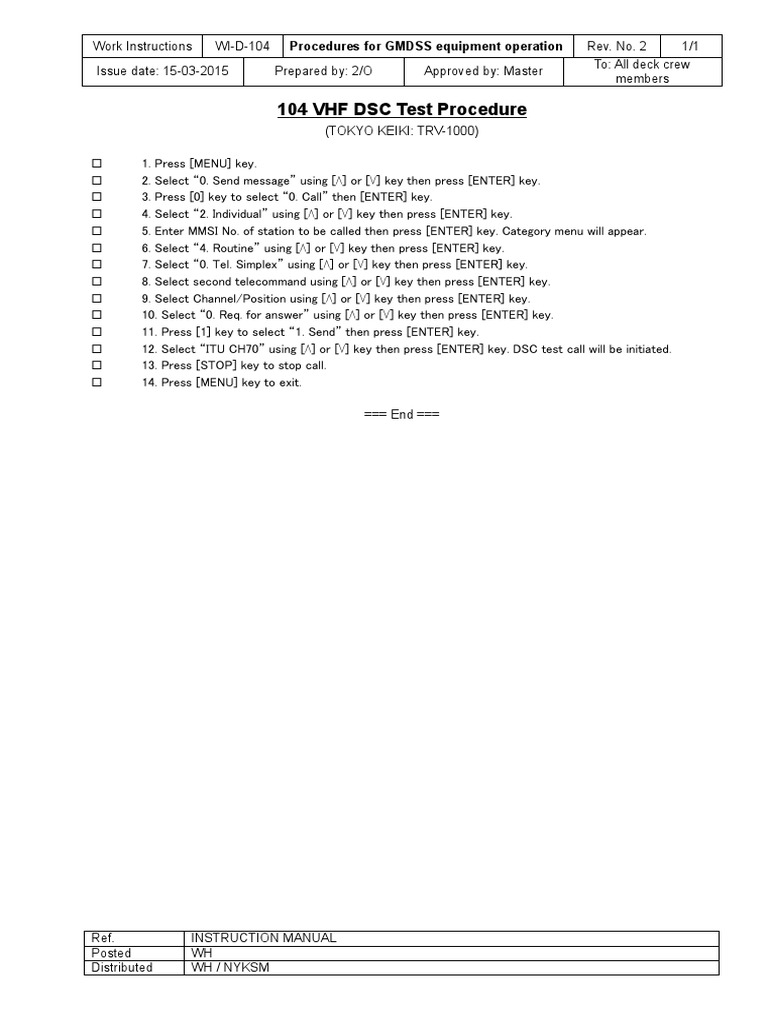 VHF DSC Test Procedure (TRV-1000 Tokyo Keiki) - WI | PDF | Computers