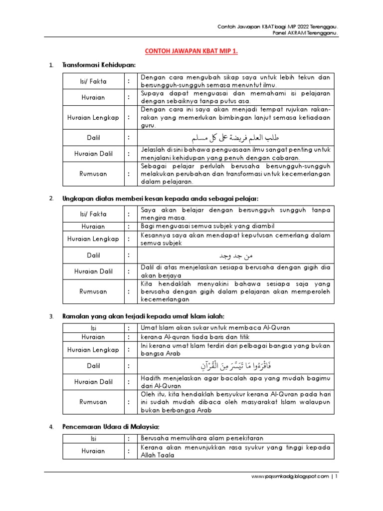 Contoh Jawapan Kbat Pqs Mip 2022 | PDF