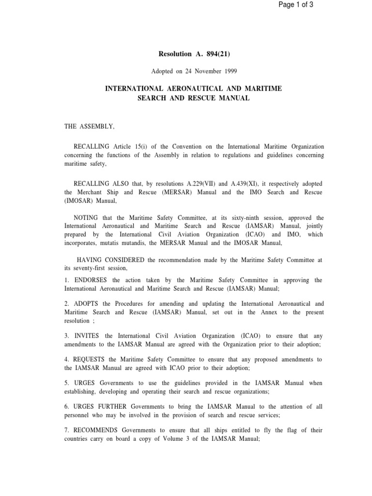 Resolution A. 894 (21) : International Aeronautical and Maritime Search ...