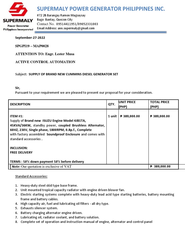 Isuzu Engine 45kva Single Quotation | PDF | Payments | Cheque
