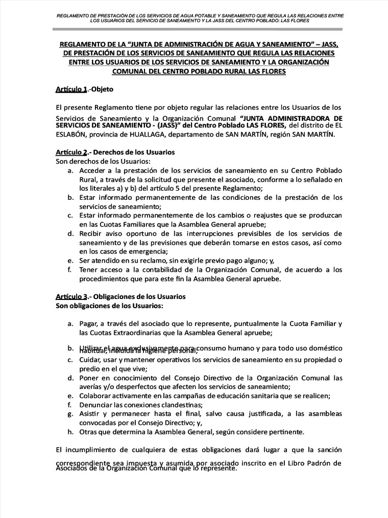 Reglamento De La Jass Pdf Saneamiento Administracion Del Agua
