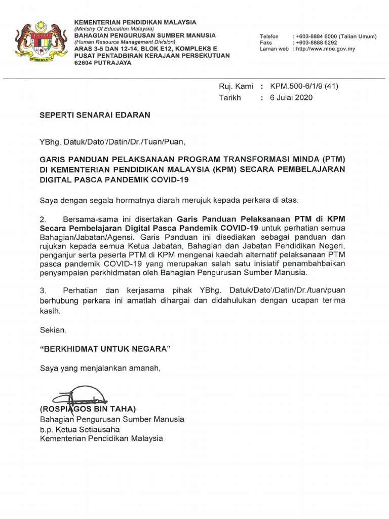Surat Hebahan - Garis Panduan Pelaksanaan PTM PBG Di KPM Secara ...
