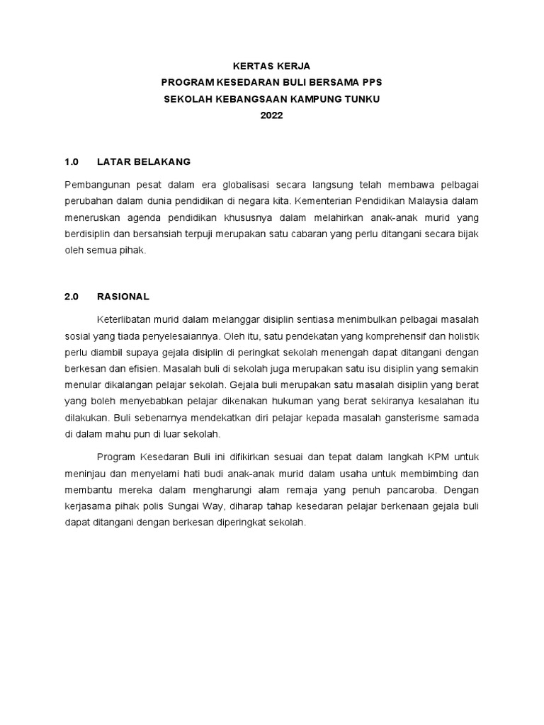 KERTAS KERJA Program Kesedaran Buli | PDF