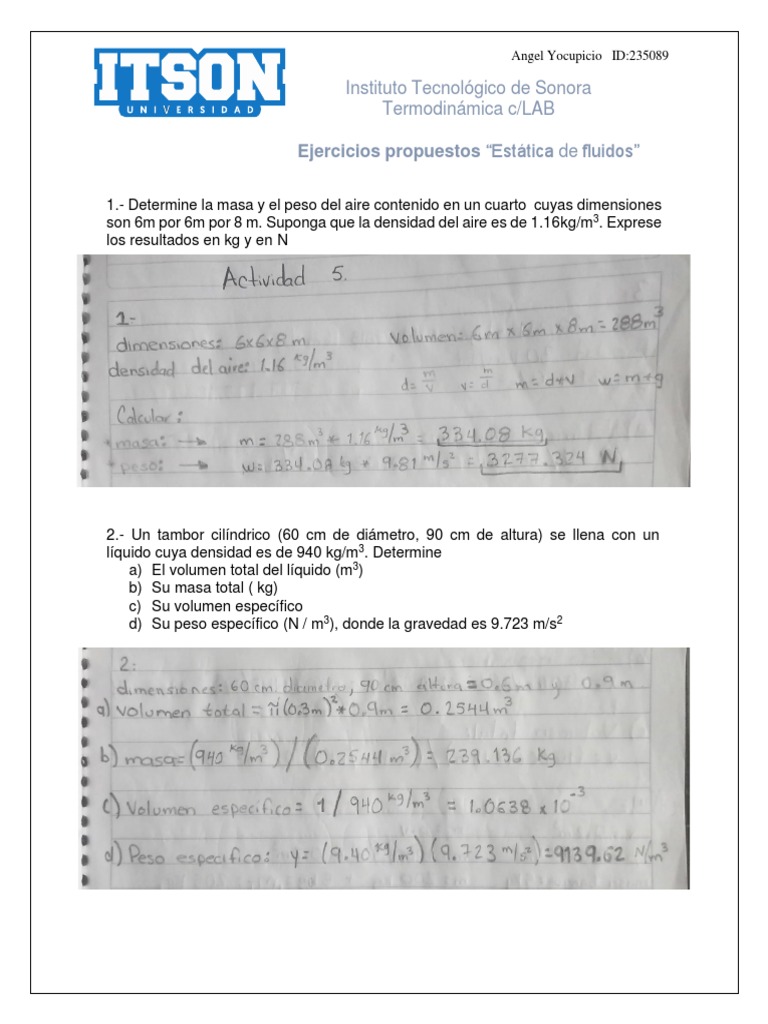 A5 Ejercicios de Estática de Fluidos TERMODINAMICA ITSON | PDF