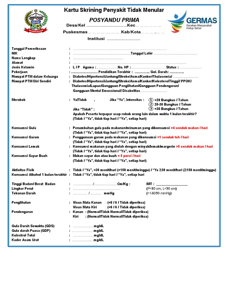 Format Skrining PTM Posyandu Primer 2022-Selembar | PDF
