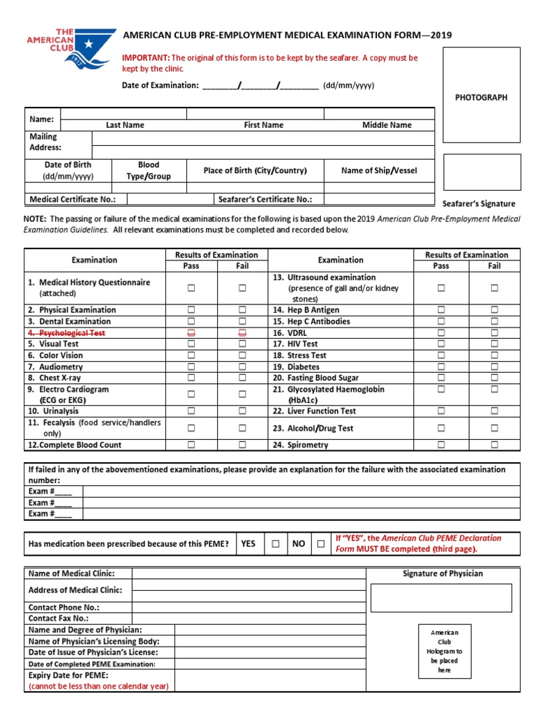 American Club Standardized PEME Form 2019 | PDF