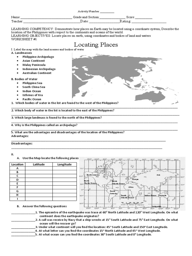 Activity Locating Places | PDF | Continent | Earth Sciences