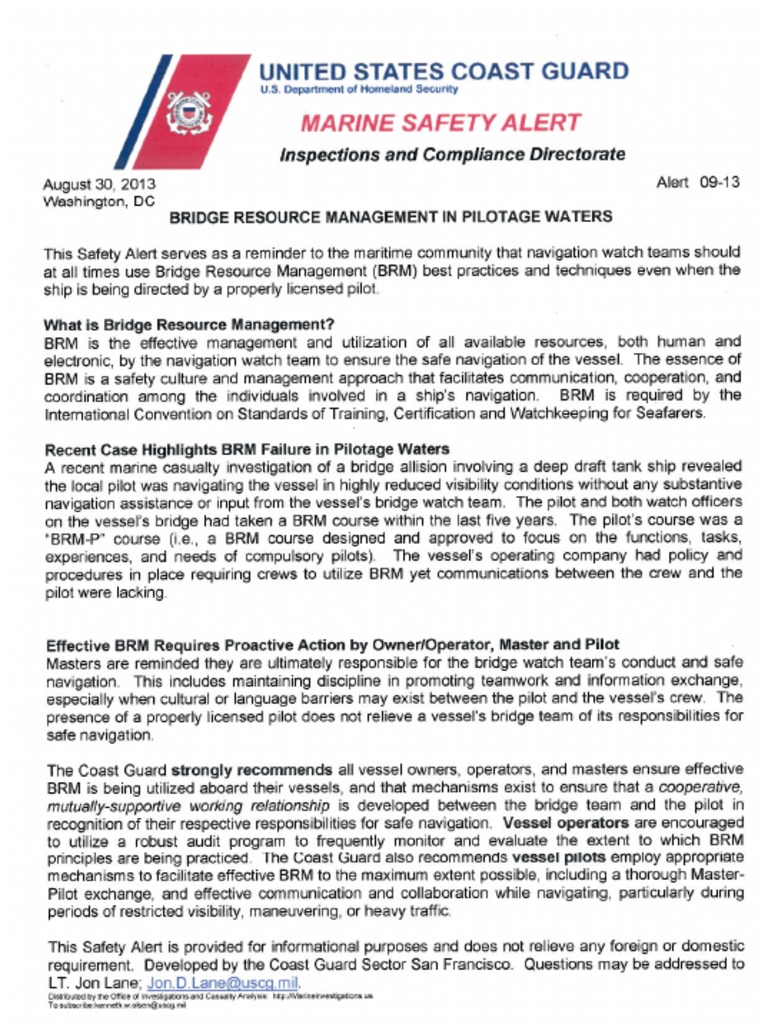 Safety Alert 28 Us Coastguard Bridge Resource Management in Pilotage ...