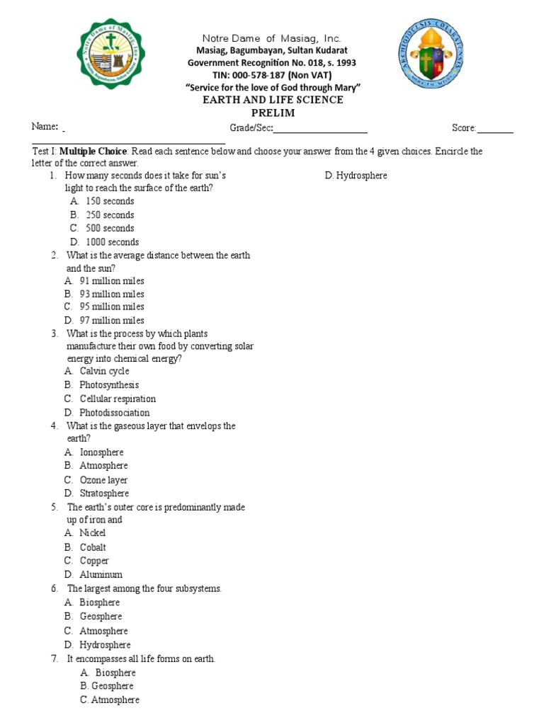 Earth and Life Science Prelim Exam | PDF
