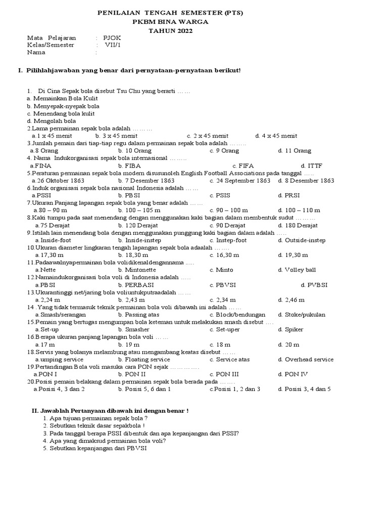 Lembar Soal PTS 2022 Pjok KLS 7 Paket B | PDF