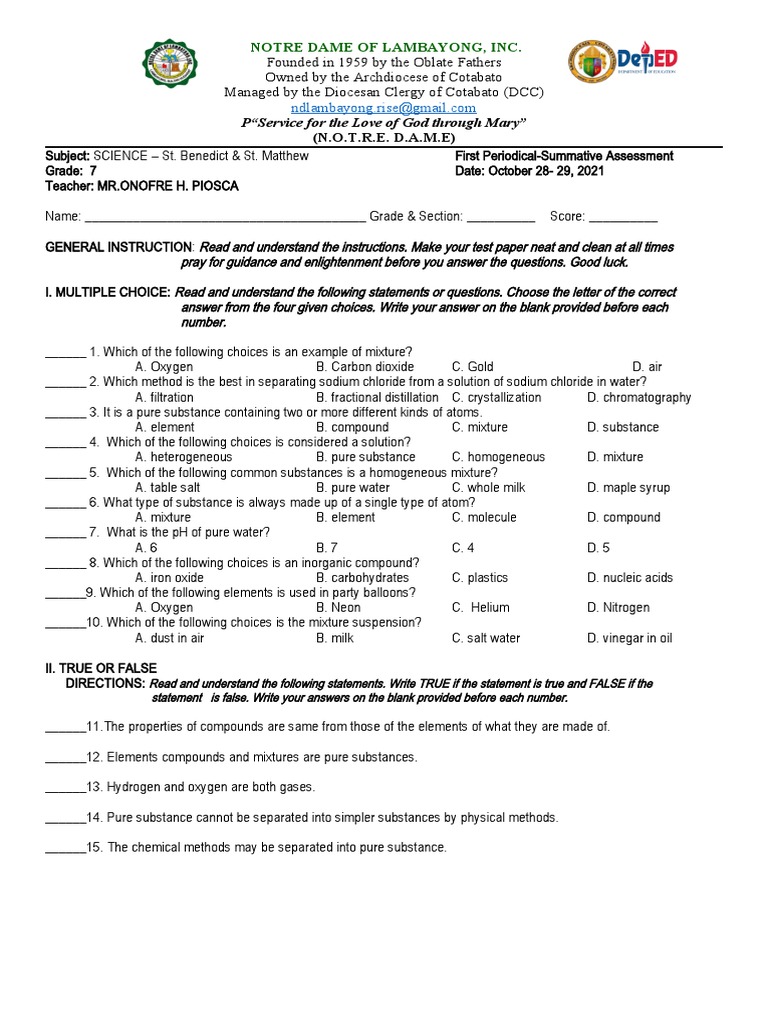 Final Science 7 1ST Final Exam | PDF | Chemical Substances | Mixture