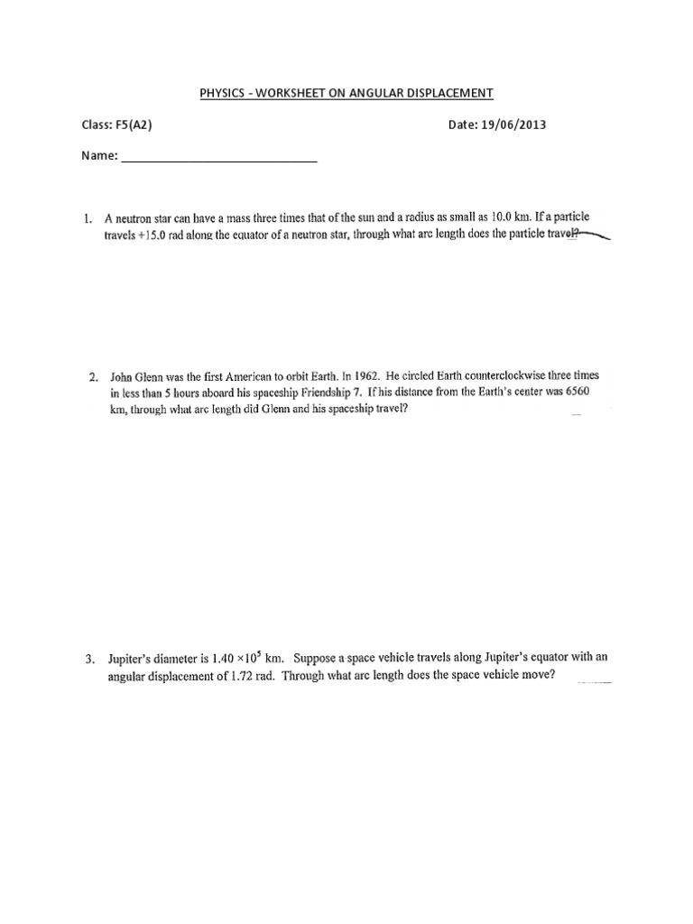 Physics Worksheet On Angular Displacement | PDF | Science & Mathematics