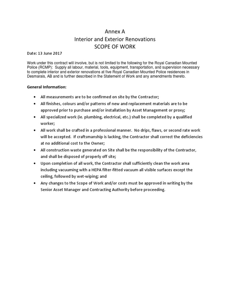 Interior and Exterior Renovations Scope of Work | PDF | Door | Basement