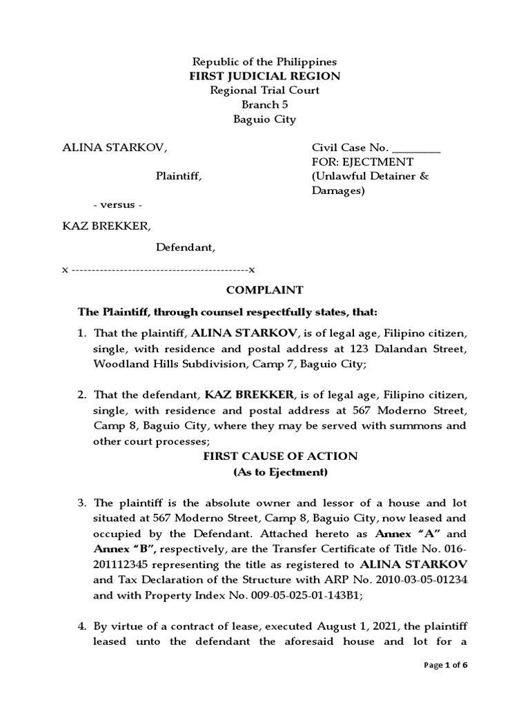 Ejectment Complaint: Starkov vs. Brekker | PDF | Damages | Lawsuit