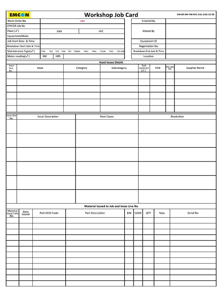 Workshop Job Card | PDF