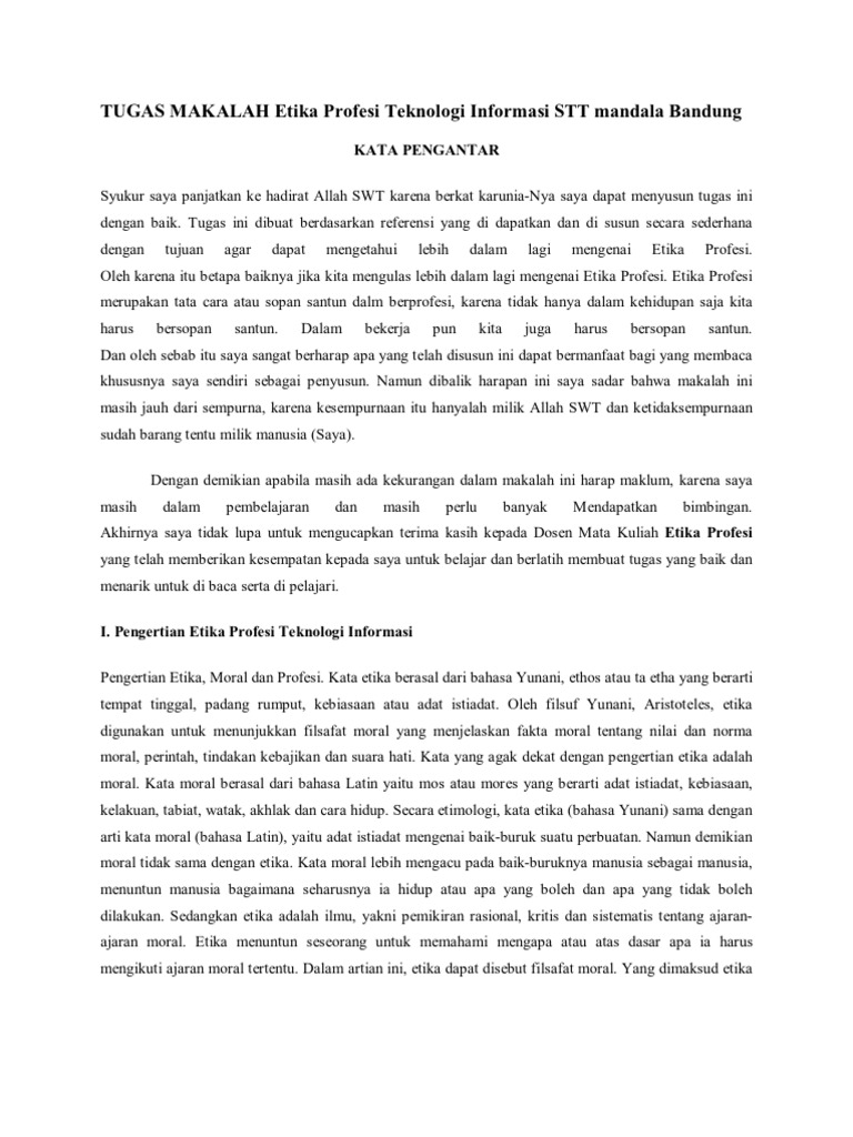 TUGAS MAKALAH Etika Profesi Teknologi Informasi STT Mandala Bandung | PDF