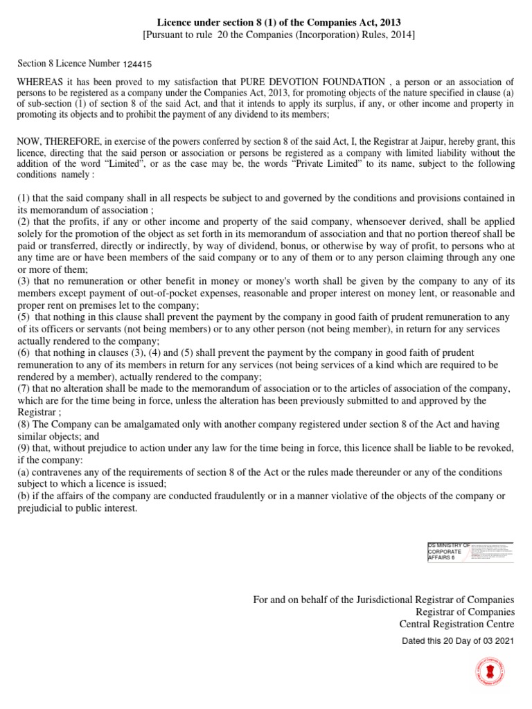 S 8 of A Part I Section 8 Compan | PDF | Dividend | License