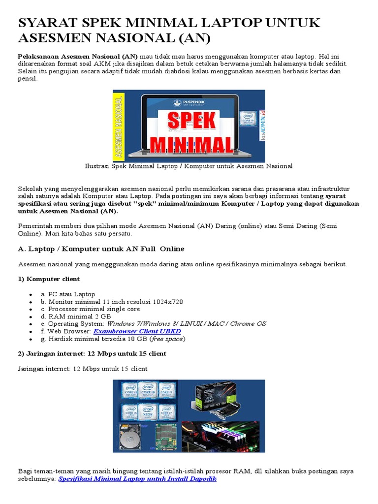 Syarat Spek Minimal Laptop Untuk Asesmen Nasional | PDF