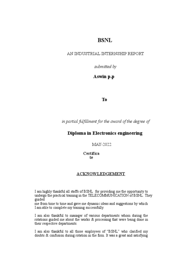 BSNL Intership 2022 (1) Word | PDF | Telephone Exchange | Computer Network