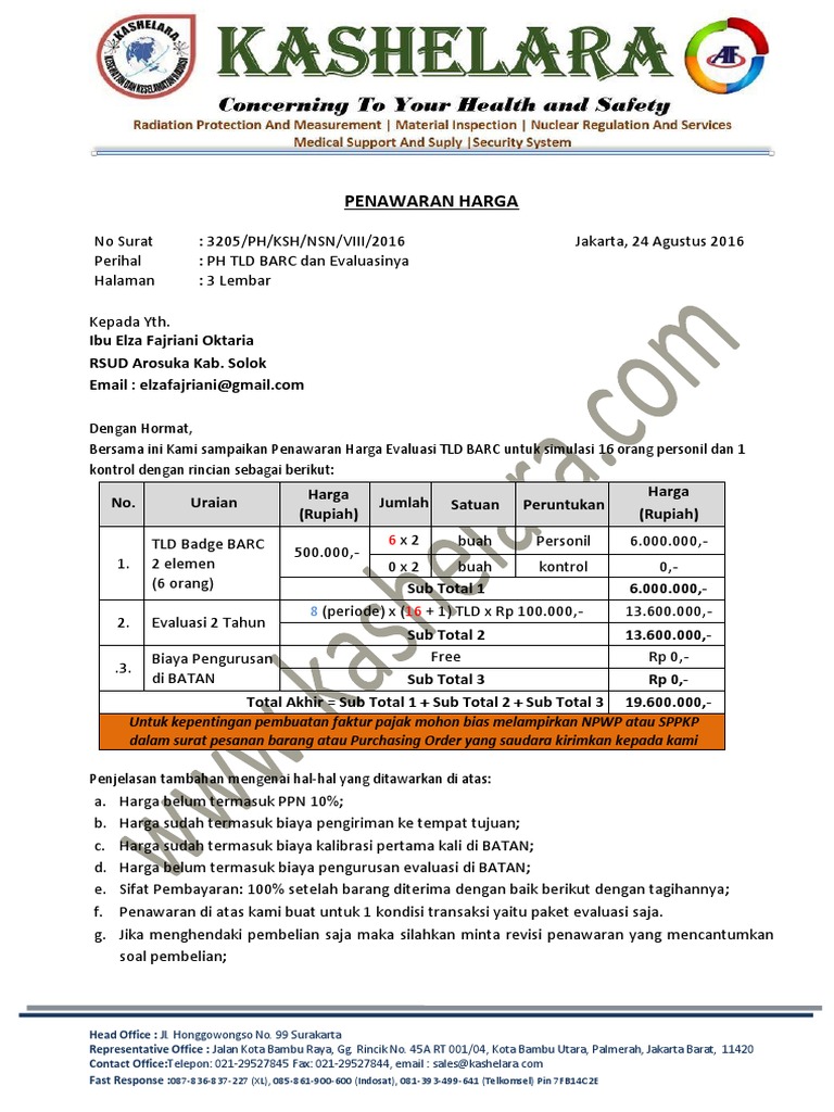Penawaran Harga TLD BARC Dan Evaluasinya - Simulasi 16 Personil RSUD ...
