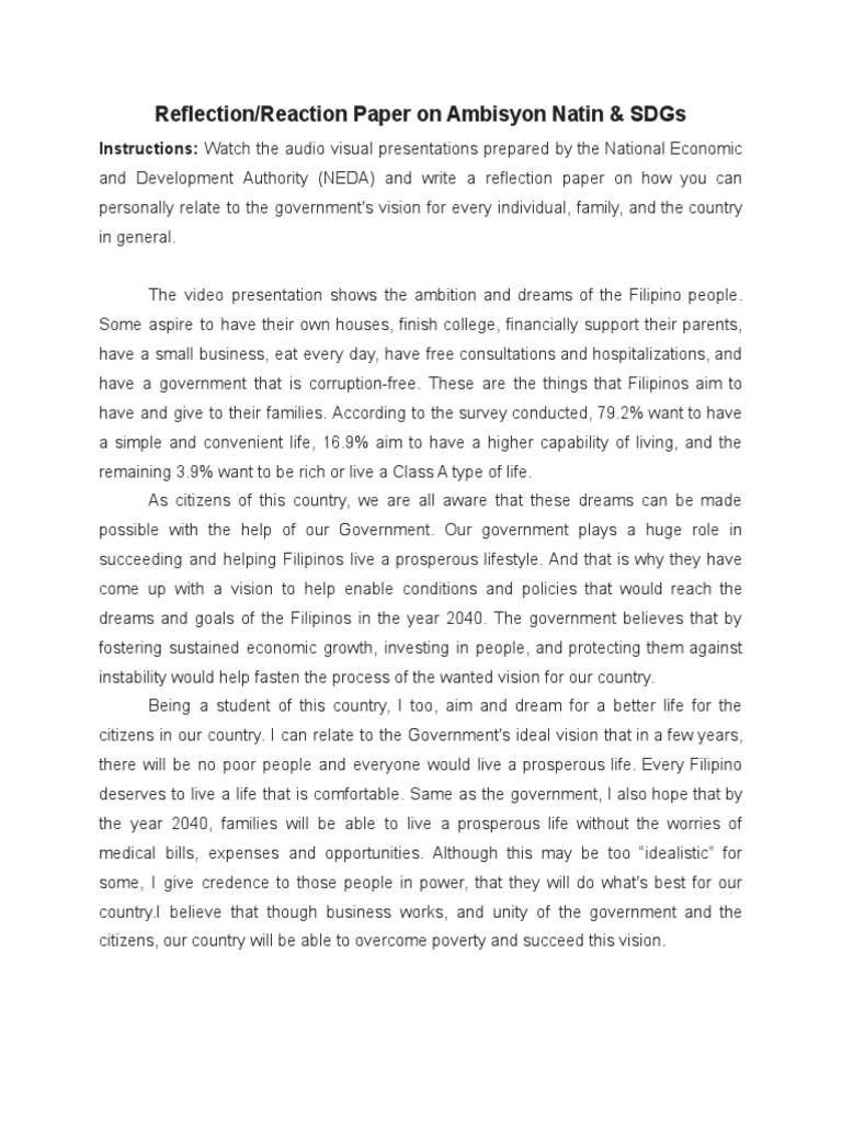 Reflection Reaction Paper On Ambisyon Natin Sdgs Pdf