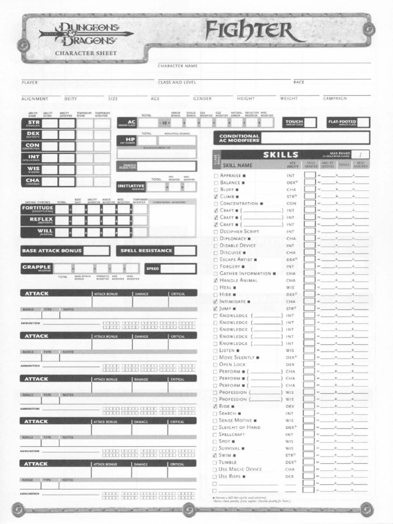 D&D 3.5 Fighter Deluxe Character Sheets | PDF