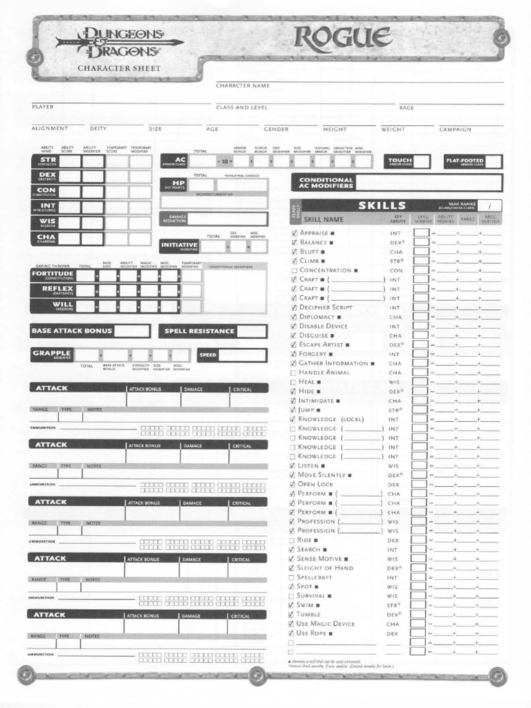 D&D 3.5rouge Deluxe Character Sheets | PDF