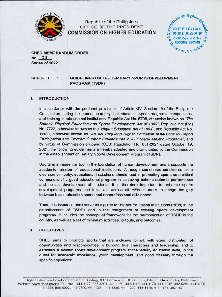 CHED Memorandum Order CMO No. 8 Series of 2022 Guidelines On The Tertiary Sports Development ...