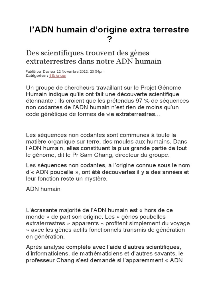 l'ADN Humain D'origine Extra Terrestre | PDF | Vie extraterrestre | ADN