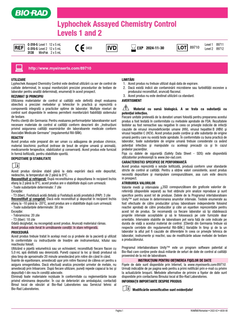 IFU Lyphochek Assayed Chemistry Control | PDF