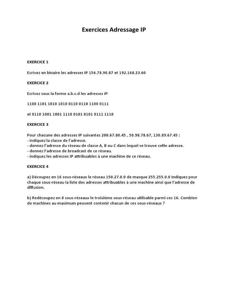 Exercices Adressage IP | PDF