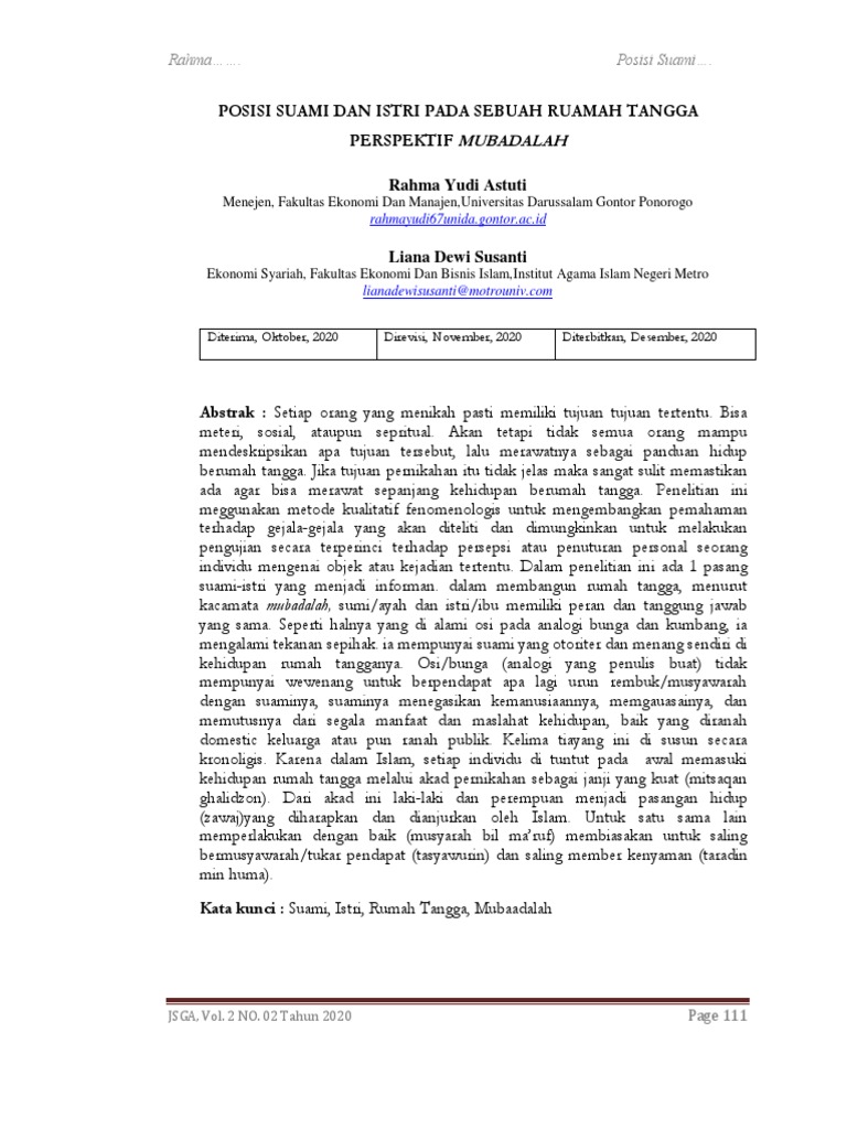 Posisi Suami Dan Istri Pada Sebuah Ruamah Tangga Perspektif Mubadalah Rahma Yudi Astuti | PDF