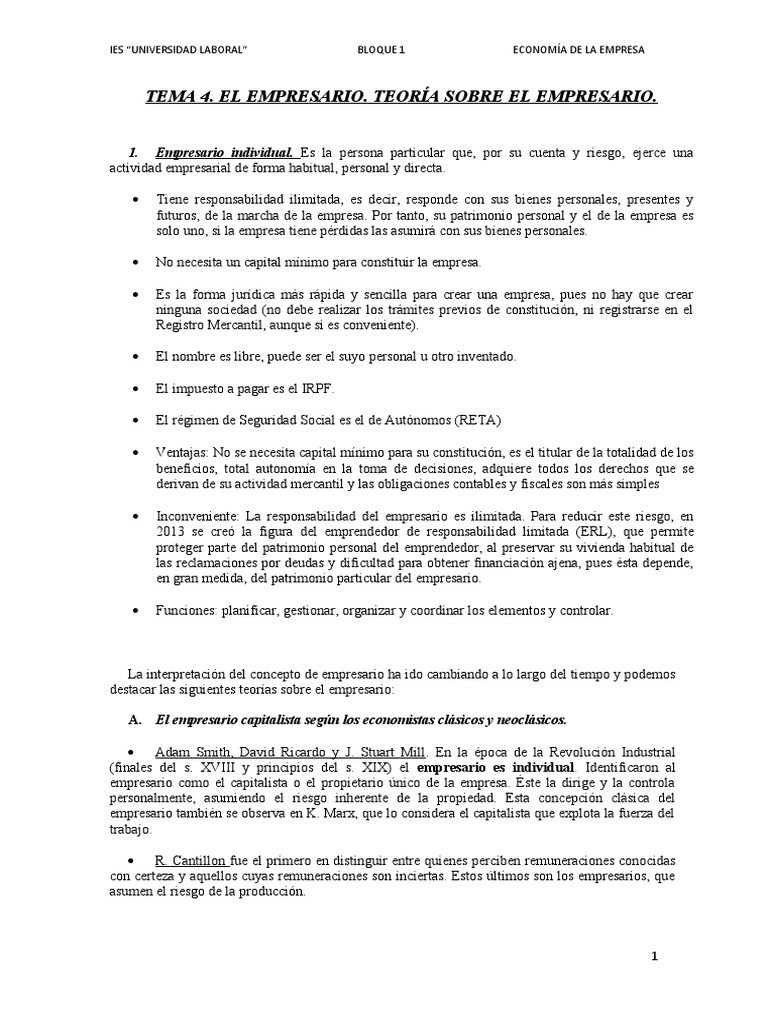 TEMA 4. EL EMPRESARIO. TEORÍAS SOBRE EL EMPRESARIO | PDF | Iniciativa empresarial | Business
