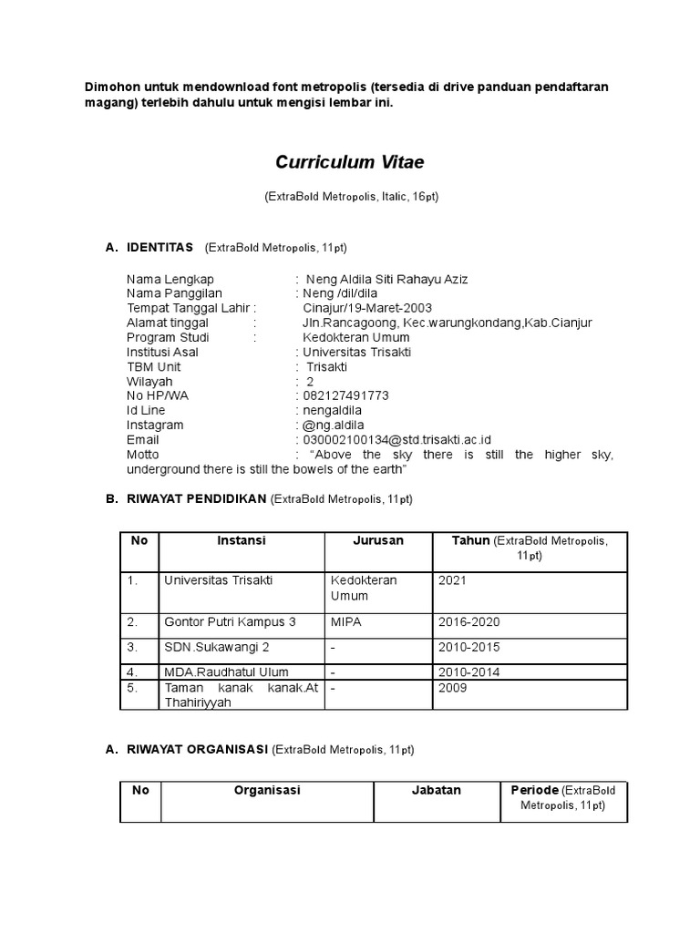 CV - TBM Trisakti - Neng Aldila | PDF