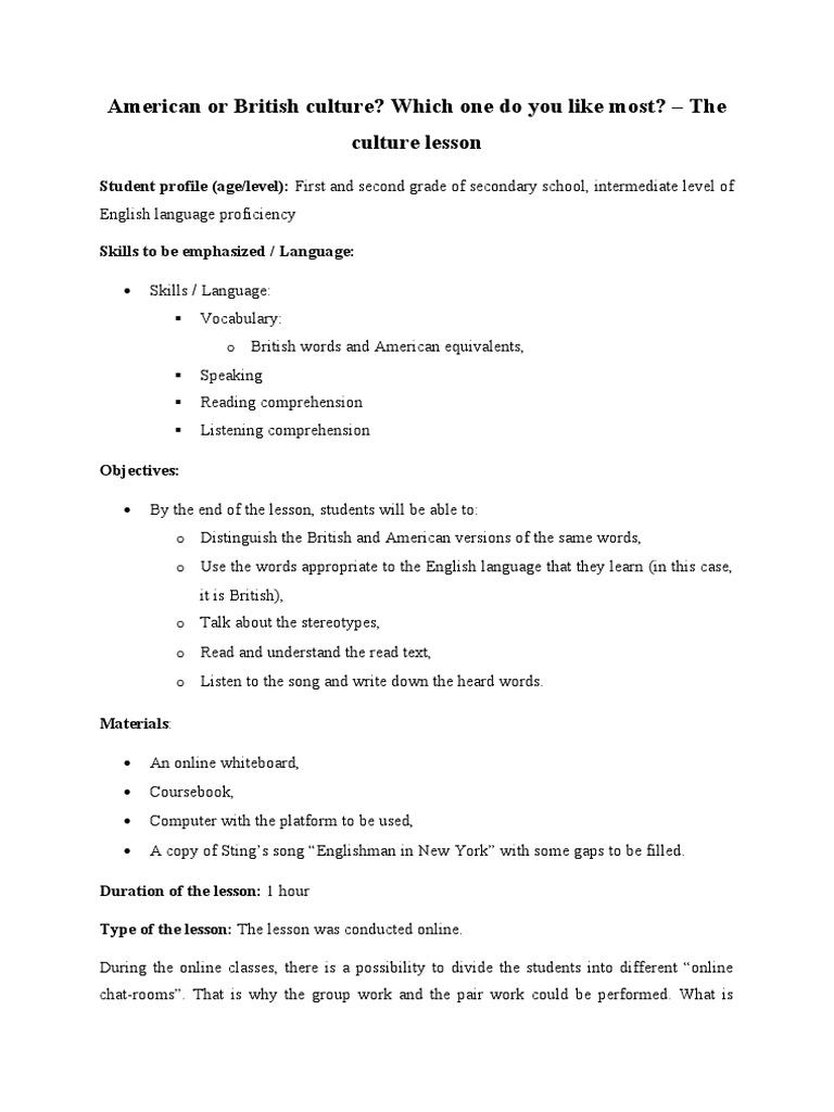 British vs American Culture Lesson Plan | PDF | Reading Comprehension ...