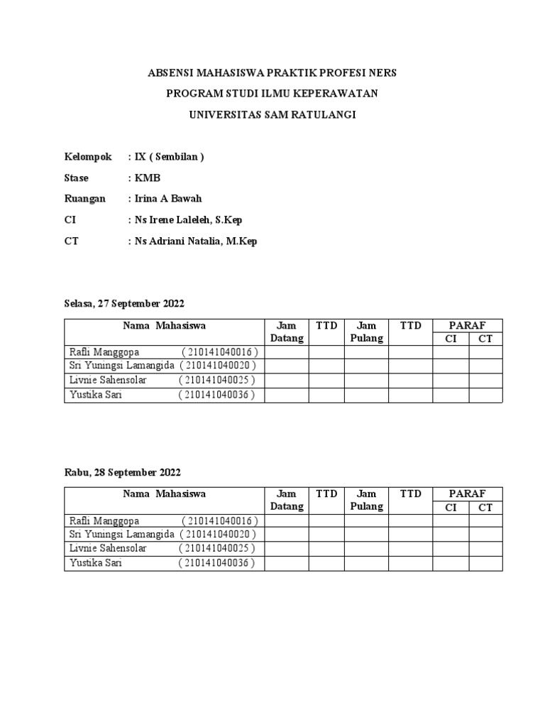 Absensi Mahasiswa Praktik Profesi Ners | PDF
