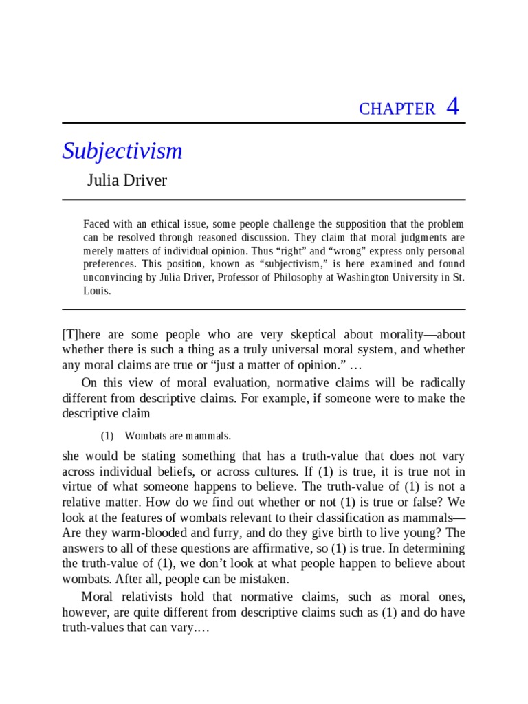 An Examination of Subjectivism: Julia Driver Critiques the View that ...